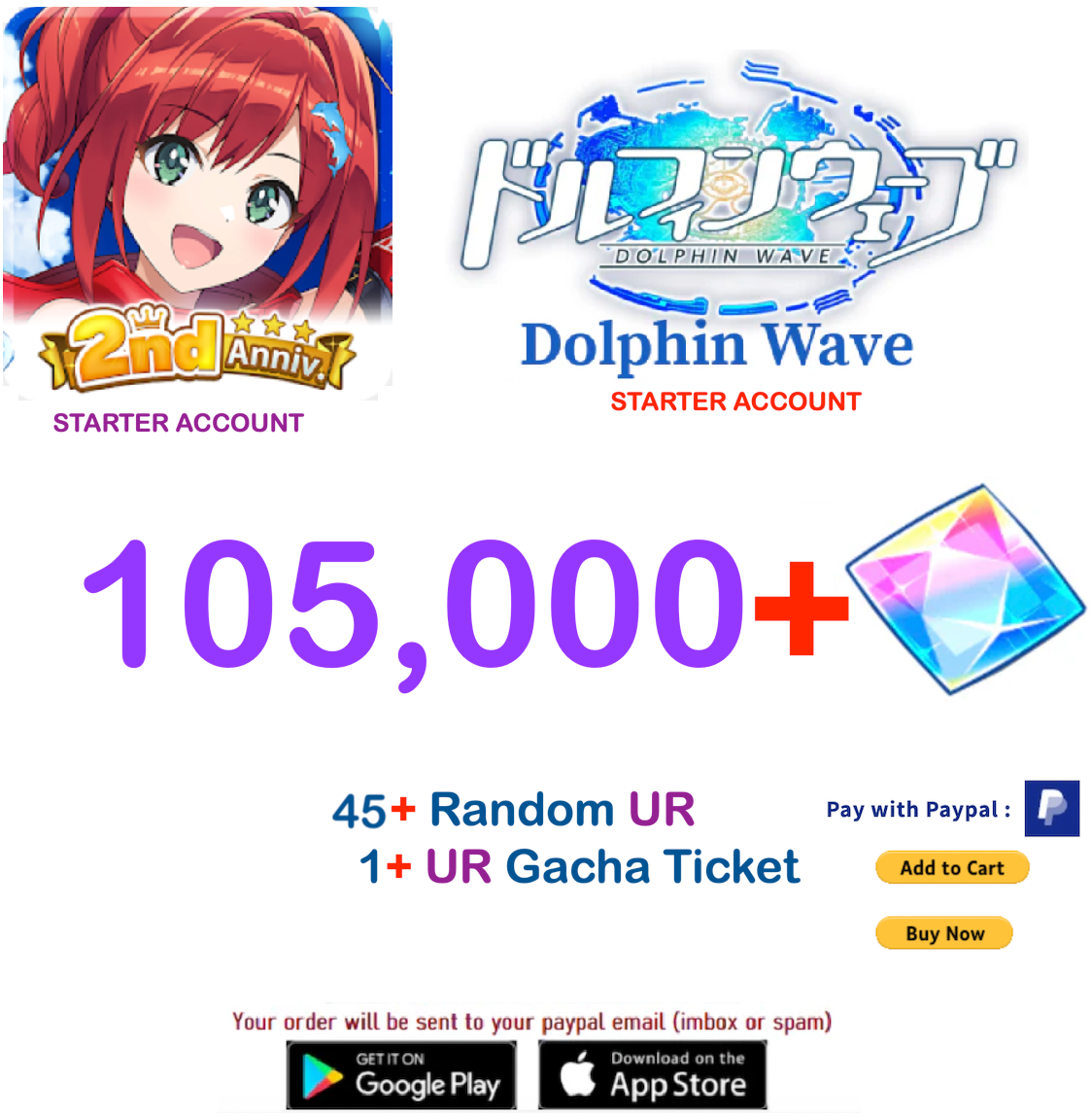 (Japan Server) 105.000+ Gems +45 UR Dolphin Wave Reroll Starter Accoun – Malboro18Games